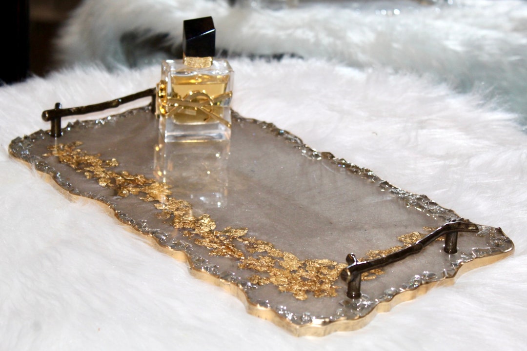 Handmade Geode Resin Tray With Gold Handles & Glass Rim - Decorative Vanity Tray - Etsy