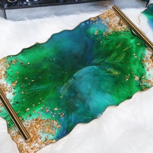 Handmade Green Resin Tray With Handles & Coasters: Geode Wedding Tray ...