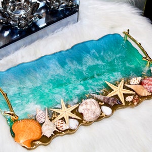 Handmade Large Luxurious Ocean Shell Embellished Resin Tray With Star ...