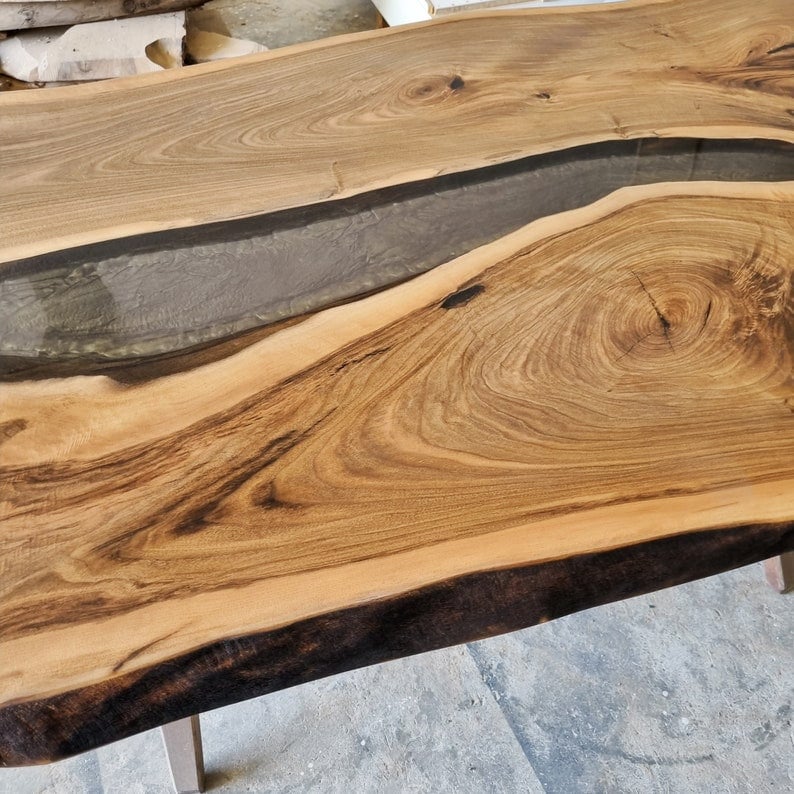 Live Edge Epoxy Resin Center Dining Table, Brown Resin Counter Top ...