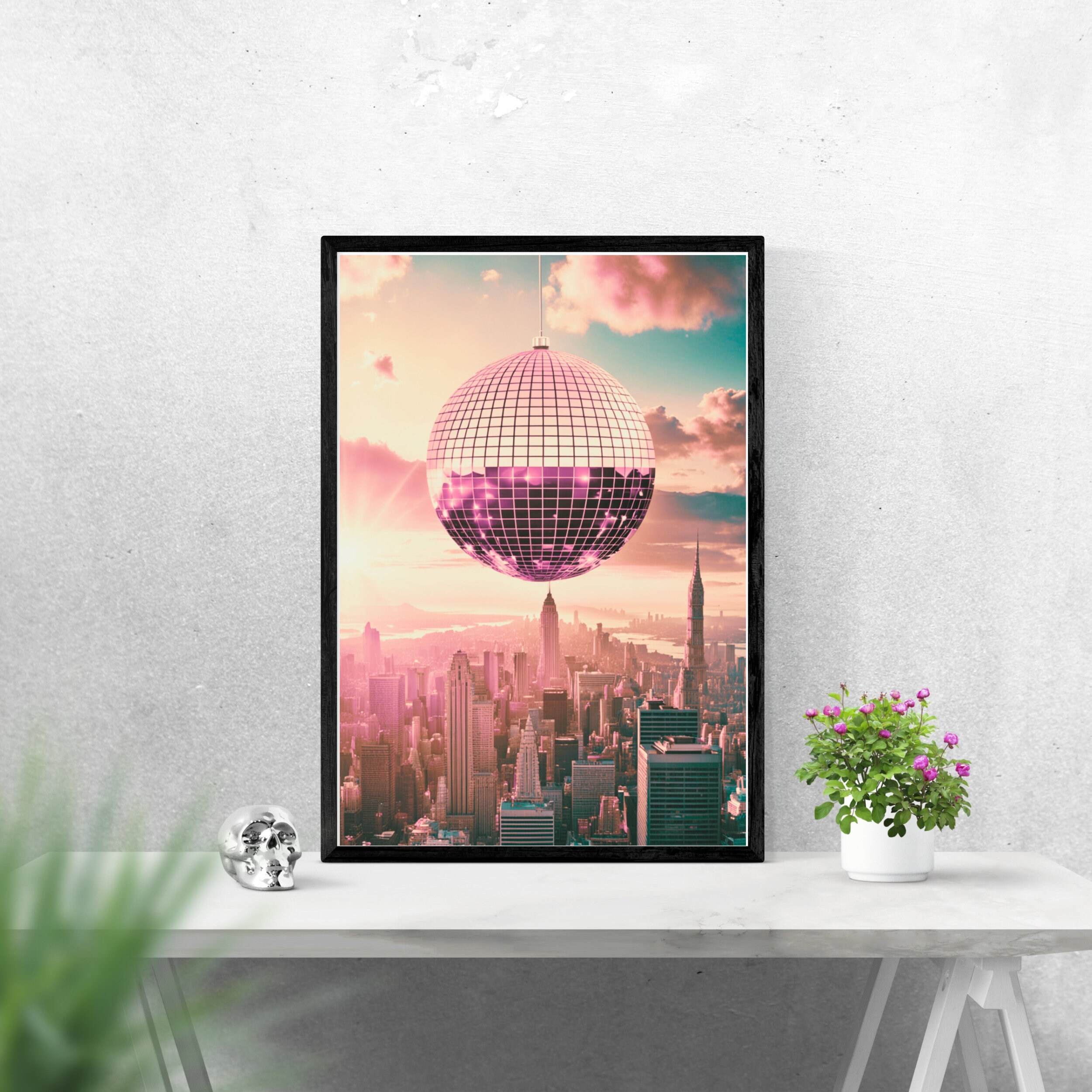 Retro Gold Disco Ball Above Cityscape, Trendy Maximalist Printable Wall ...