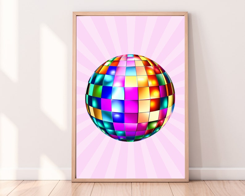 Disco Ball Print 70s Nostalgia Poster Mirror Ball Rainbow Retro Art