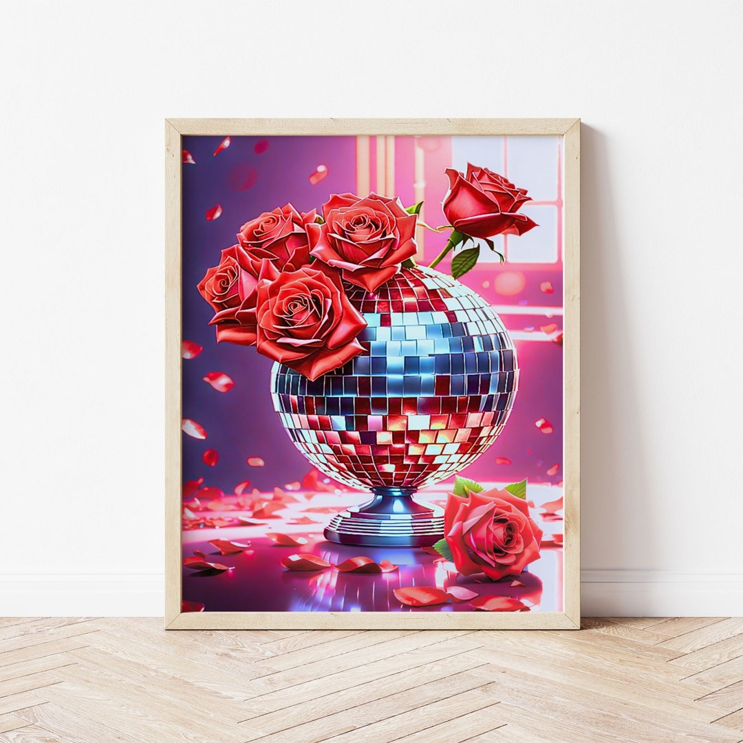 Printable Disco Ball Red Rose Bouquet, Maximalist Funky Trendy Poster ...