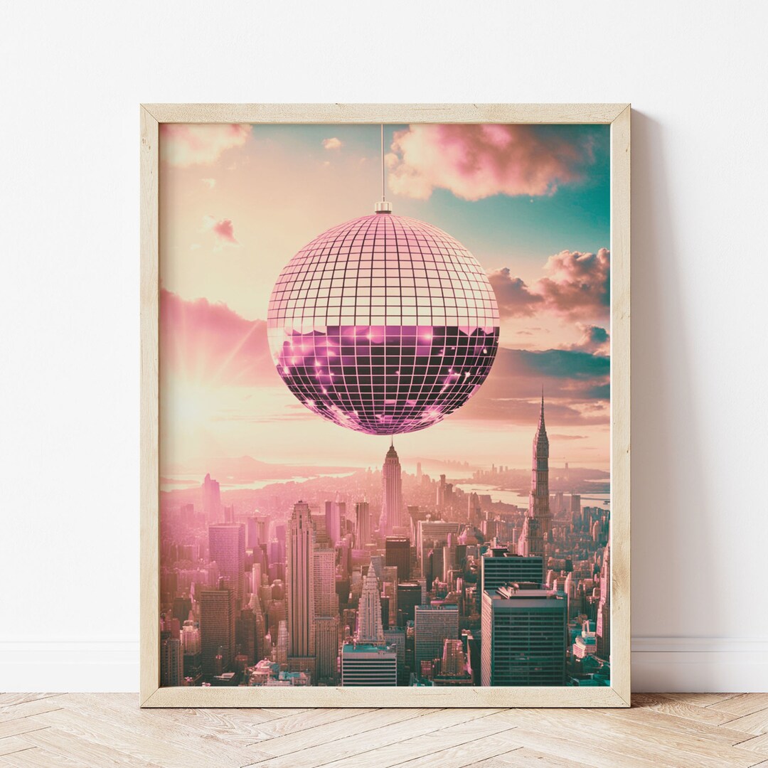 Retro Gold Disco Ball Above Cityscape, Trendy Maximalist Printable Wall ...