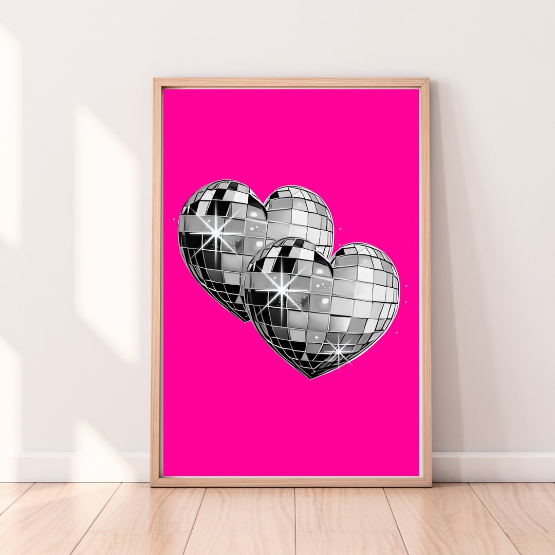Disco Mirrorball Ball Heart Poster, Pink Funky Valentines Day Printable ...