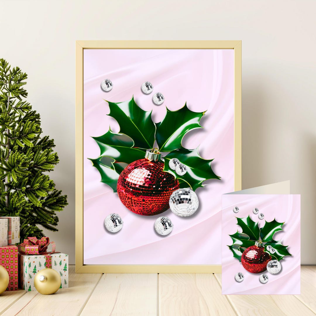 Christmas Holly Disco Preppy Printable Wall Art, AI Generated, Budget ...