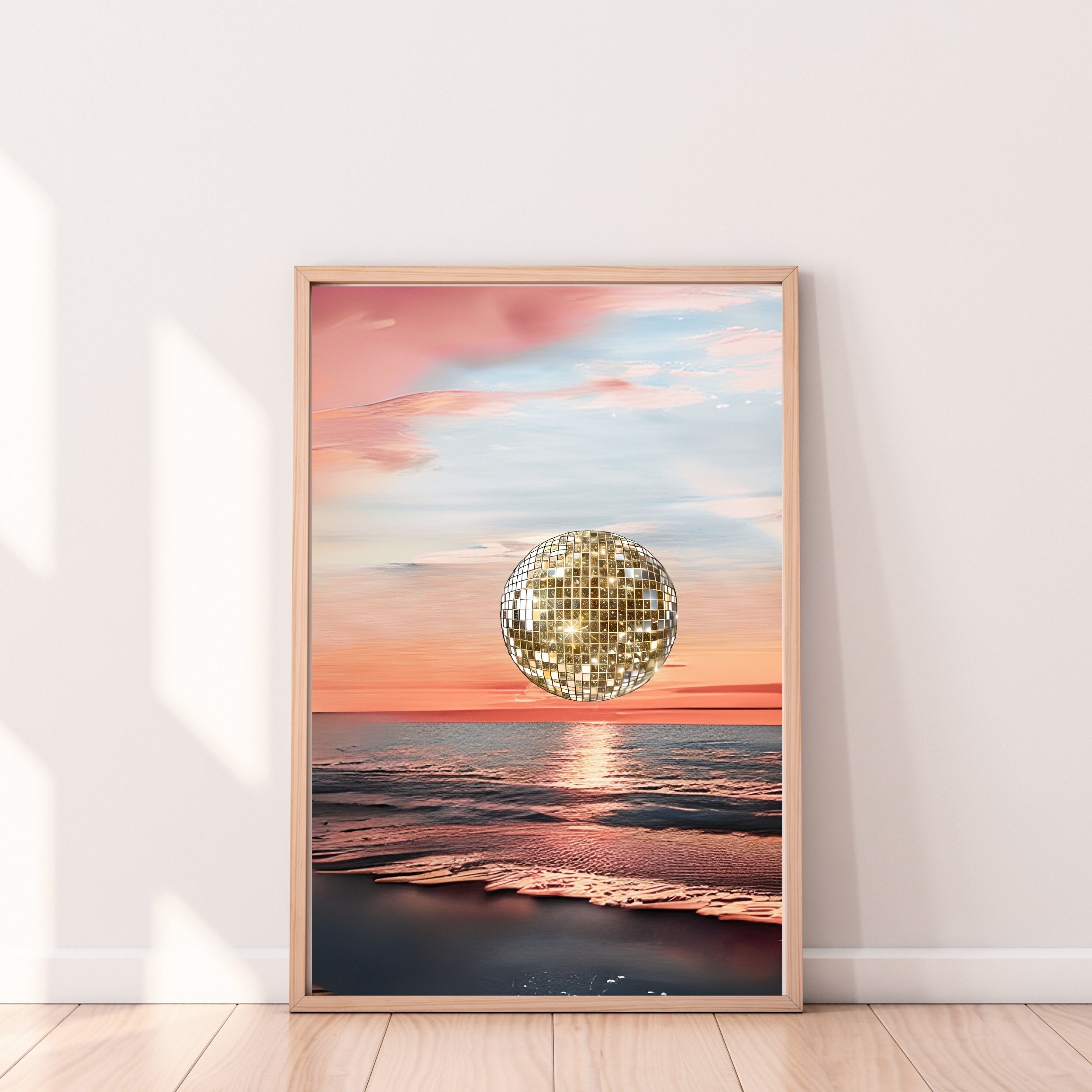 Retro Gold Disco Ball, Beach Sunset Print Chic Dorm Wall Art, Budget ...