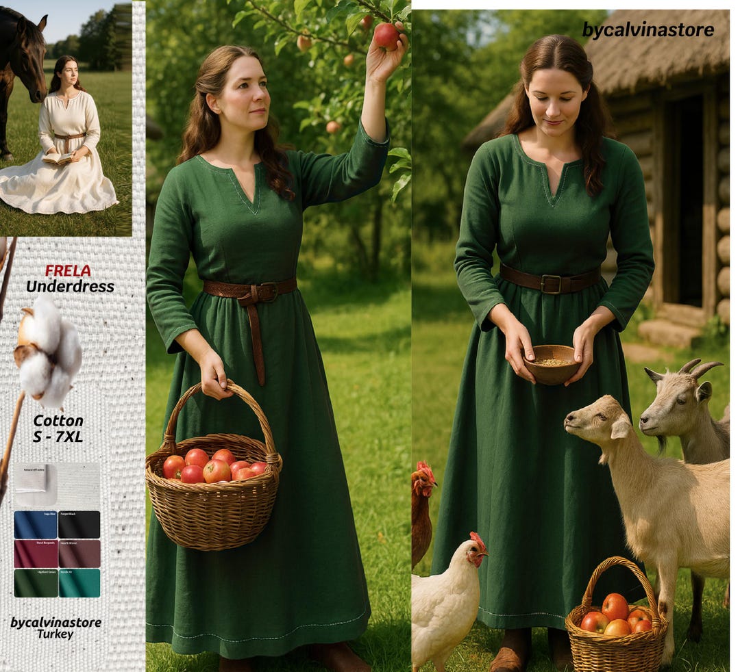 FRELA Medieval Viking Underdress–linen Textured Cotton Dress-long ...