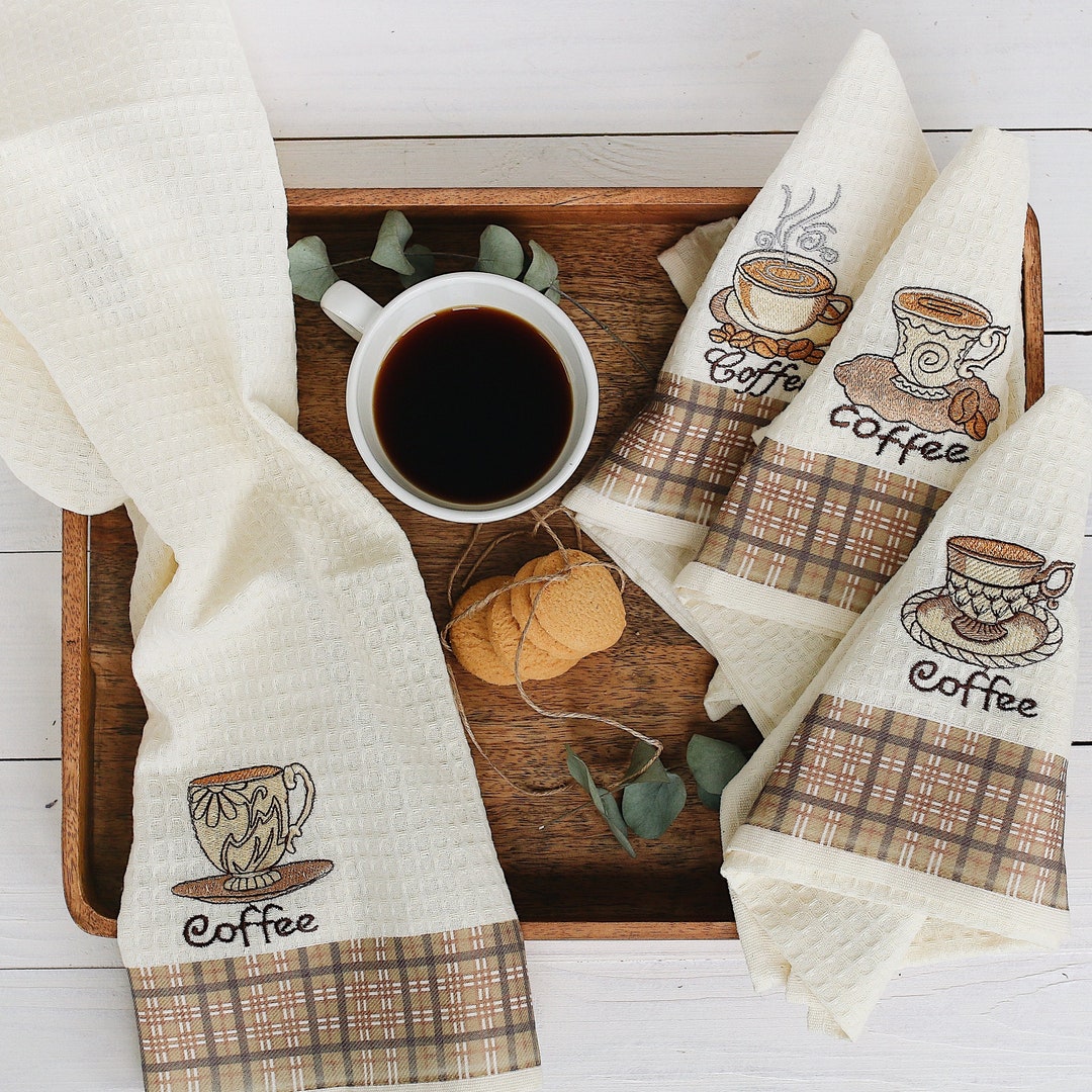 Decorative Kitchen Towels Coffee Embroidered Natural Turkish Cotton ...
