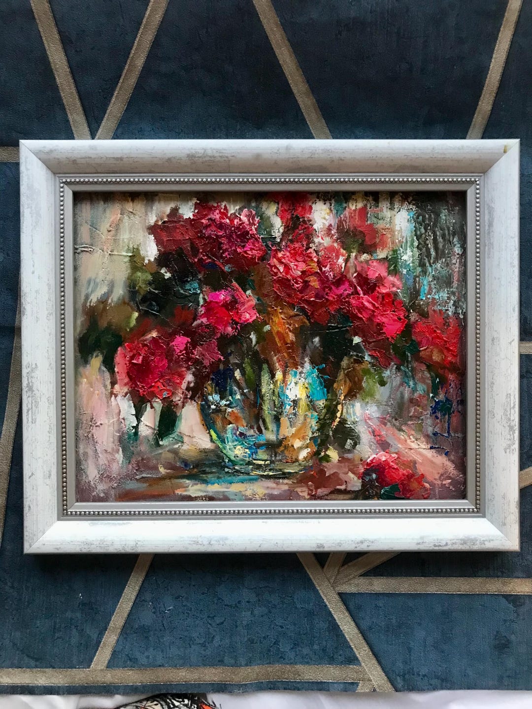 Impasto Red Flowers,8x10” Oil Painting Original Art Still Life Framed ...