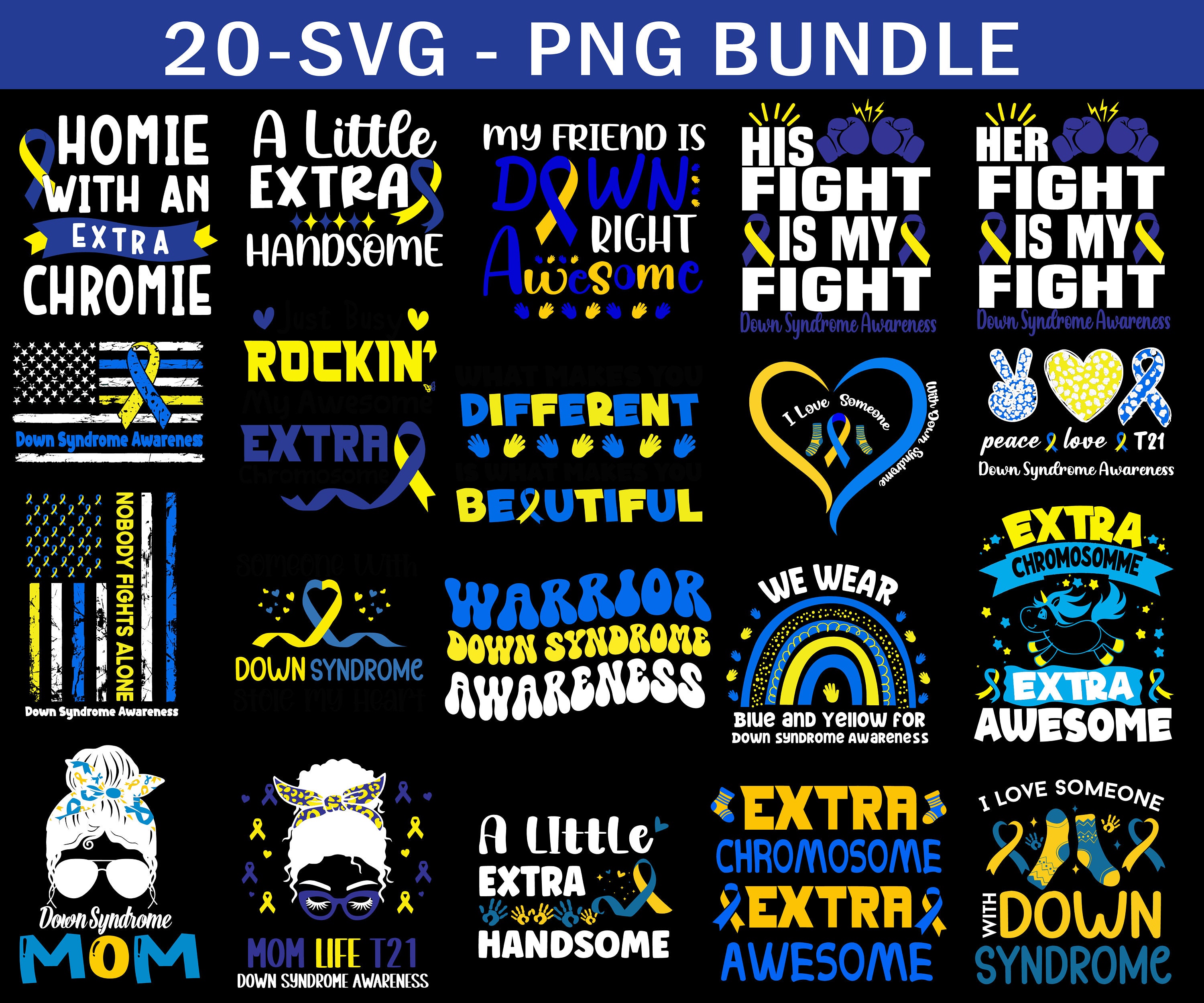 Down Syndrome Awareness Png Svg Bundle, Blue Yellow Ribbon, World Down ...