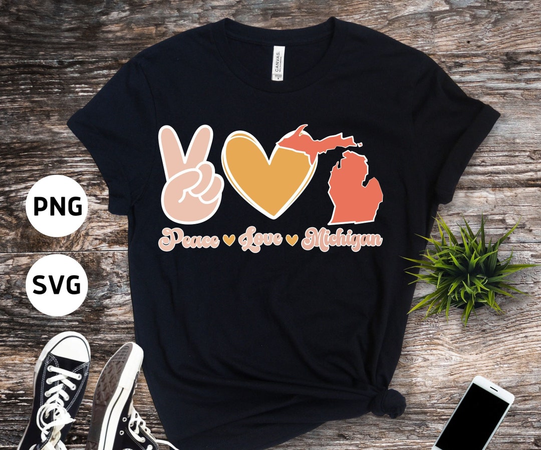 Peace Love Michigan State MAP Svg Png, Michigan Map Svg, Retro Michigan ...