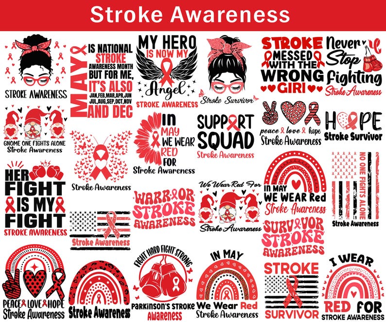 Stroke Awareness Svg Png Bundle, Svg, Stroke Ribbon Png, Red Ribbon Svg ...