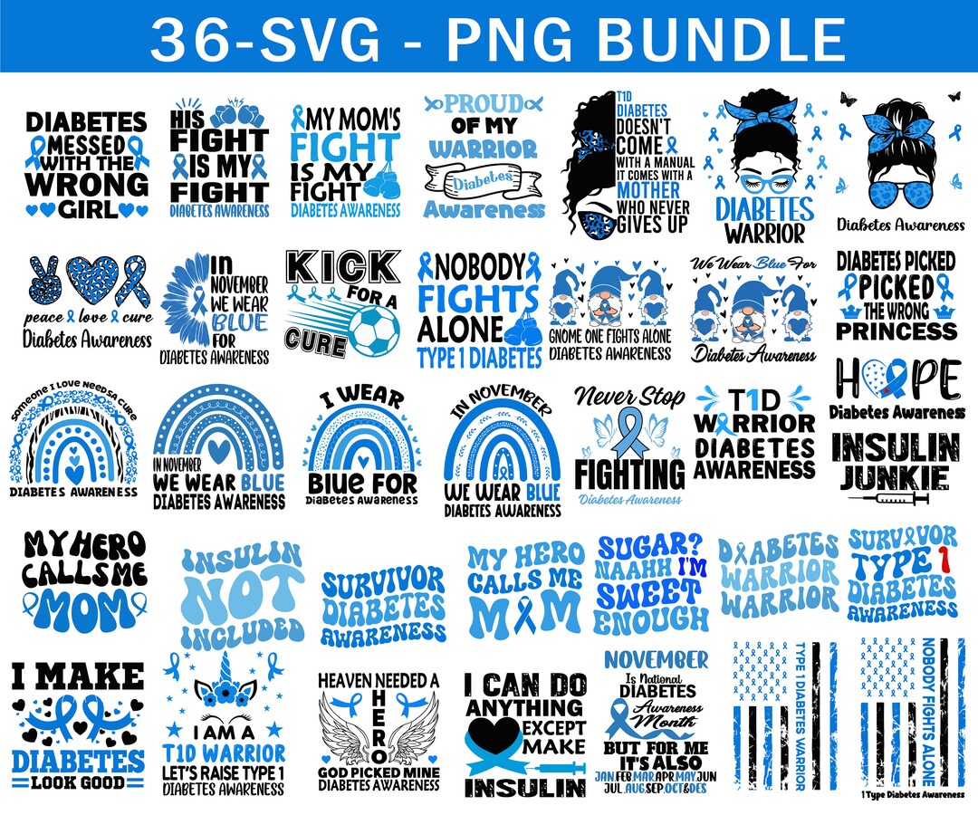 Diabetes Awareness Svg Png Bundle, Diabetes Warrior Svg, Blue Ribbon ...