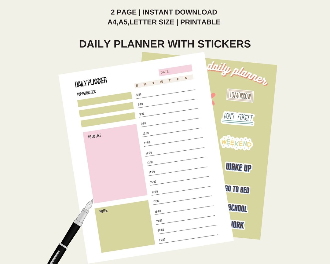 Minimalist Printable Daily Planner Sheet With Stickers,one Page Daily ...