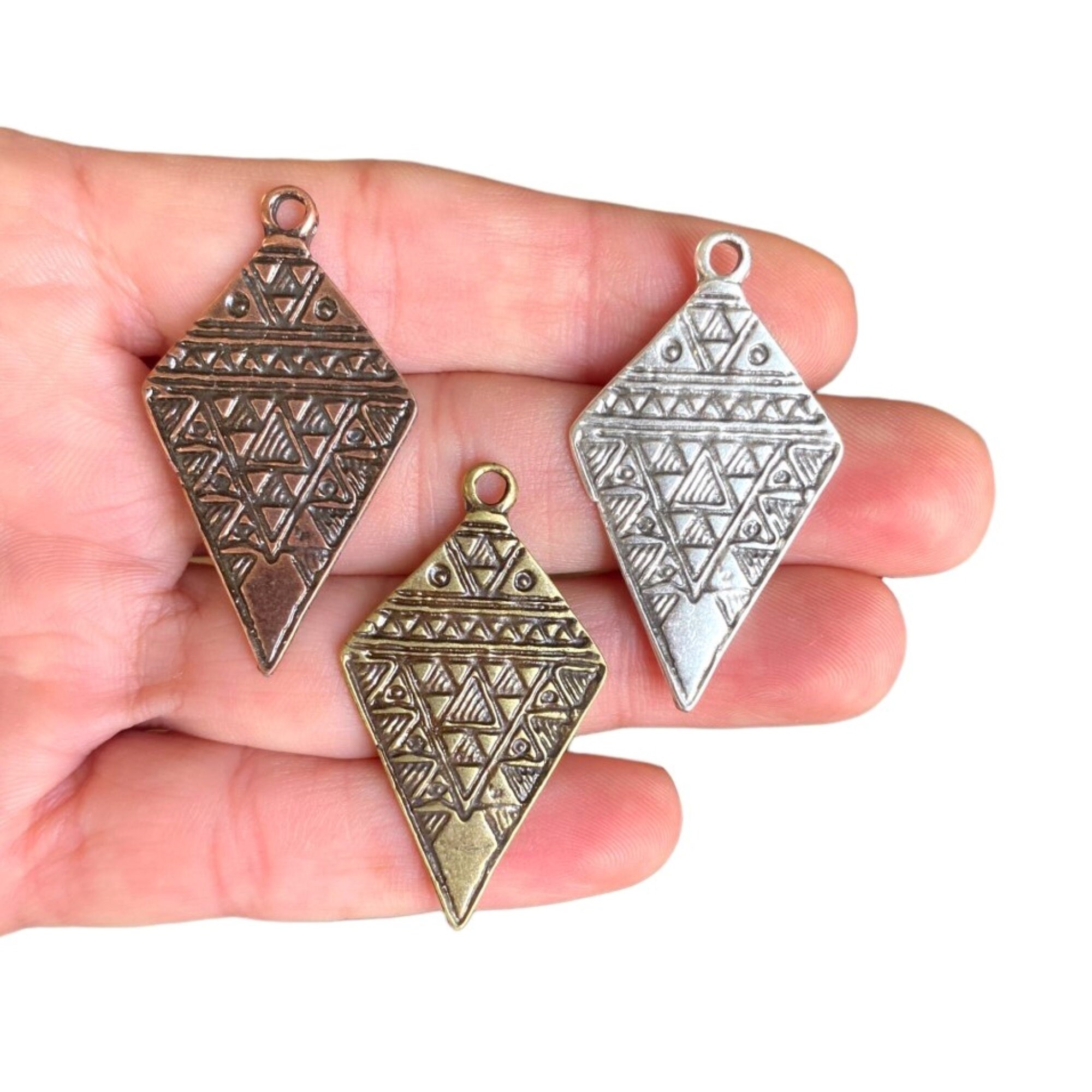 Indian Charm, 2 Antique Silver Plated Ethnic Triangle Charm, Ethnic ...