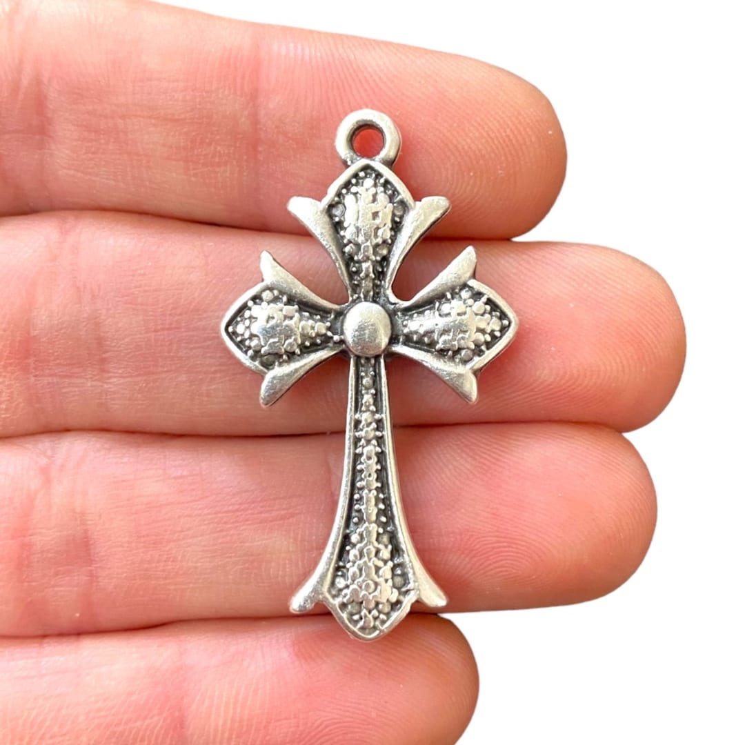 Silver Cross Charm - Antique Silver Plated Cross Pendant - Religious ...