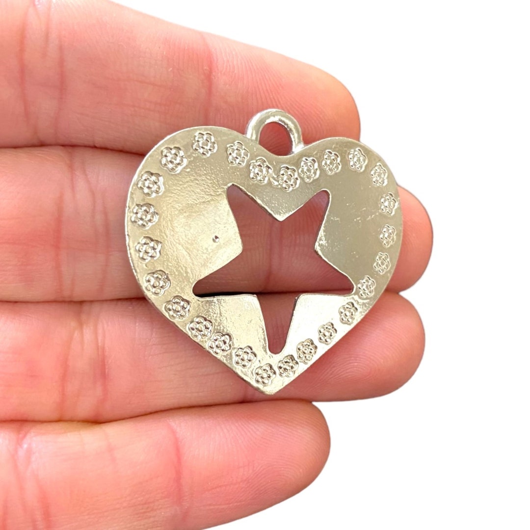 Silver Heart Star Charm - Shiny Silver Plated Heart Pendant - Flower ...