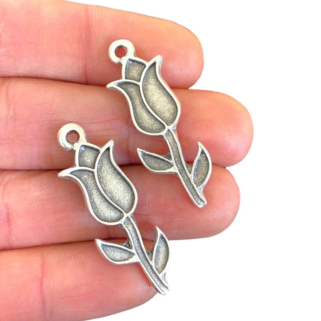 Silver Tulip Blank Charm - 2 Antique Silver Plated Tulip Pendant ...
