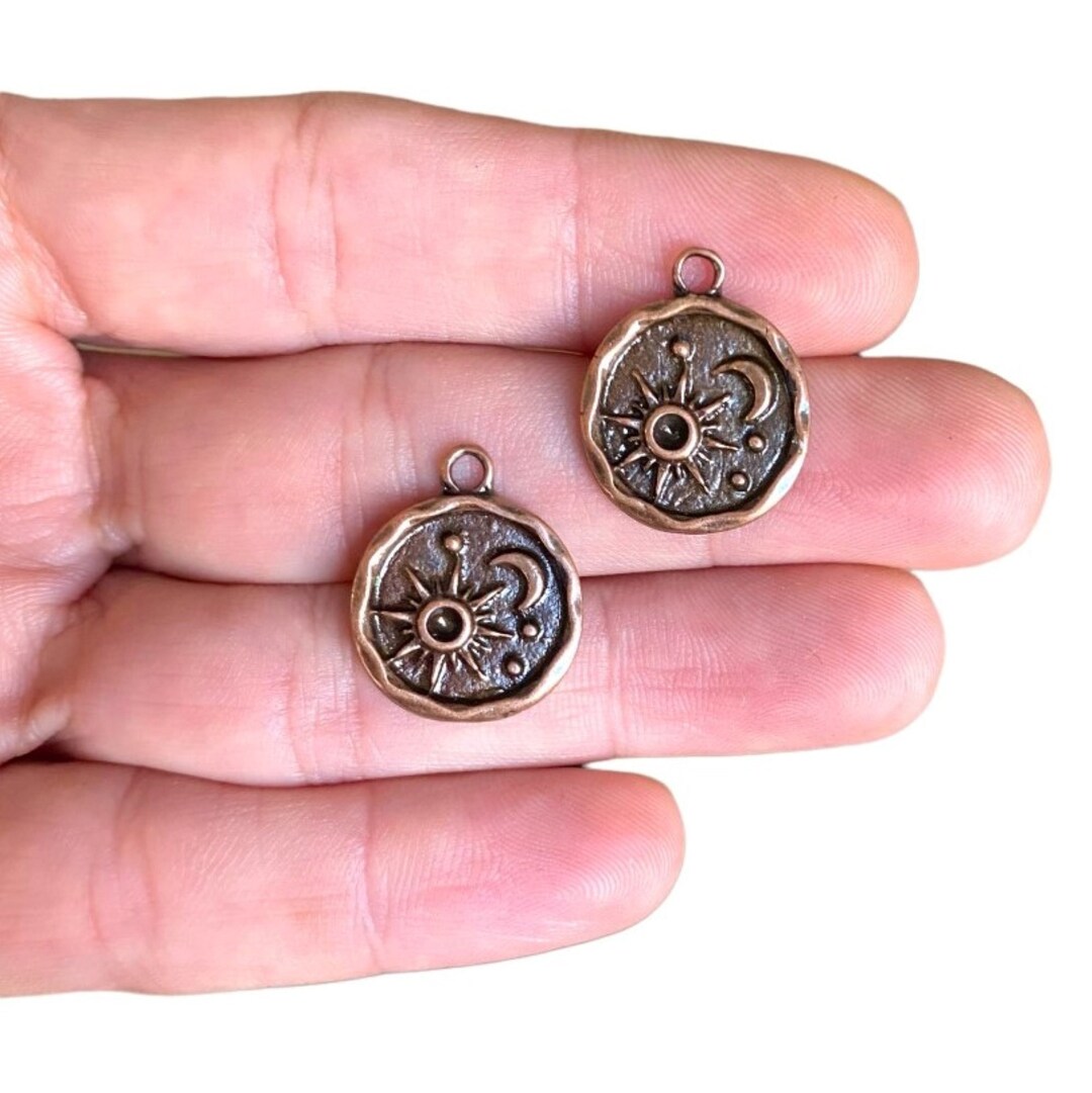 2 Copper Moon Charms - Antique Copper Plated Moon Pendant - Star Charms ...