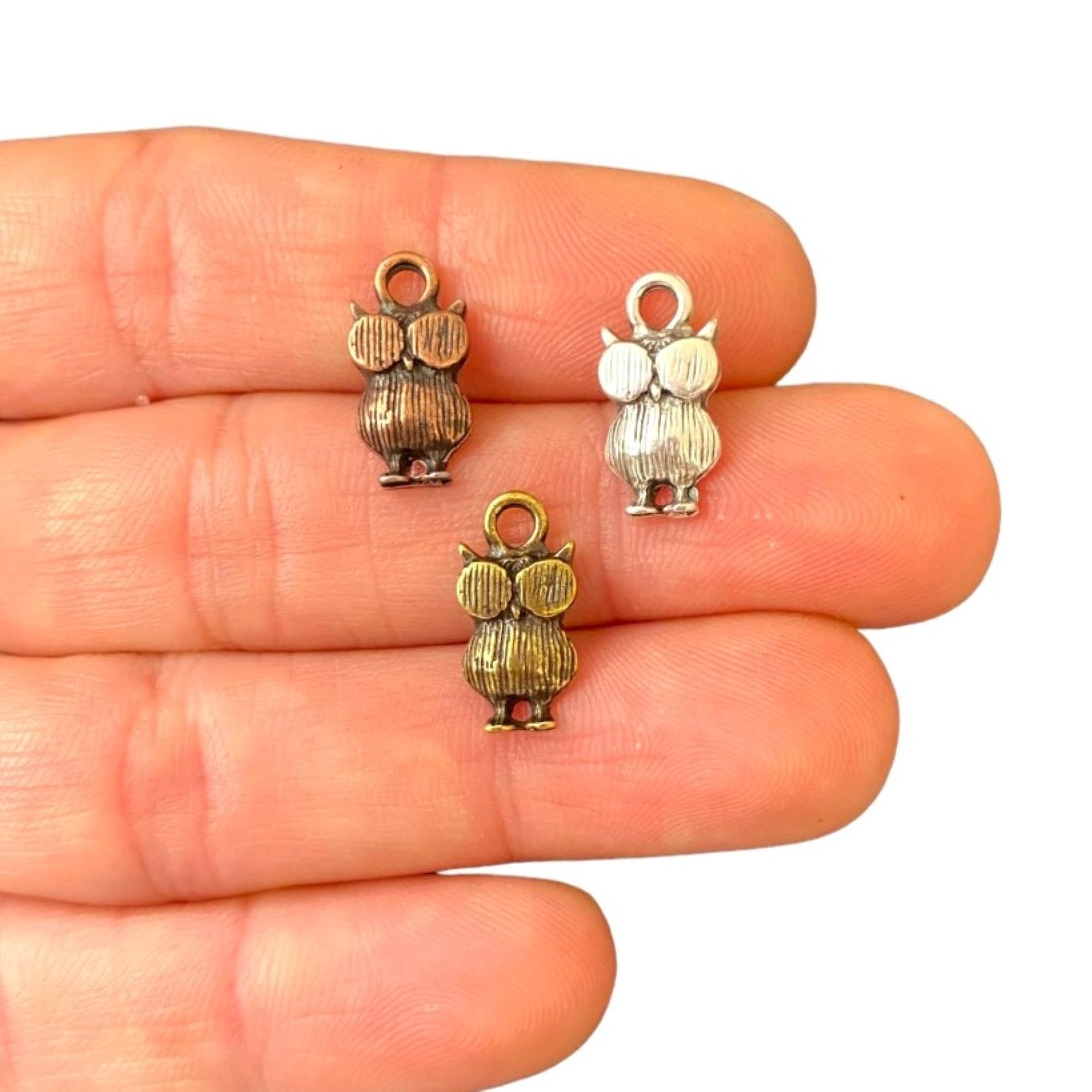 4 Silver Minimalist Owl Charm Antique Silver Plated Owl Pendant Little ...