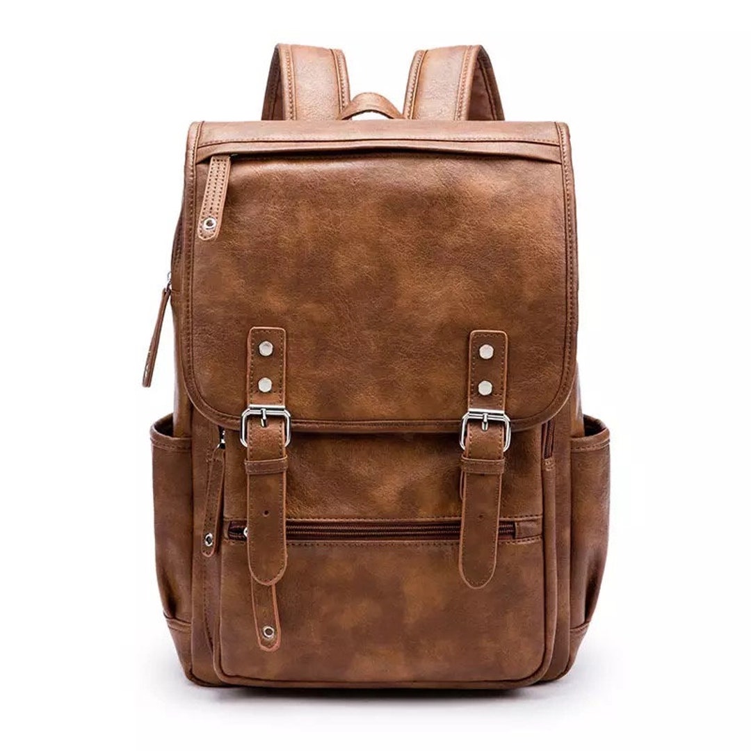 Mens PU Leather Backpack Vintage Multi Pocket Rucksack Travel Weekend ...