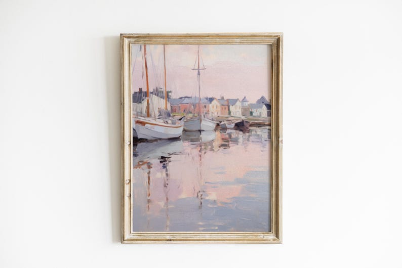 Vintage Boat Harbor Painting PRINTED Sailboat Art Print Sailboat ...