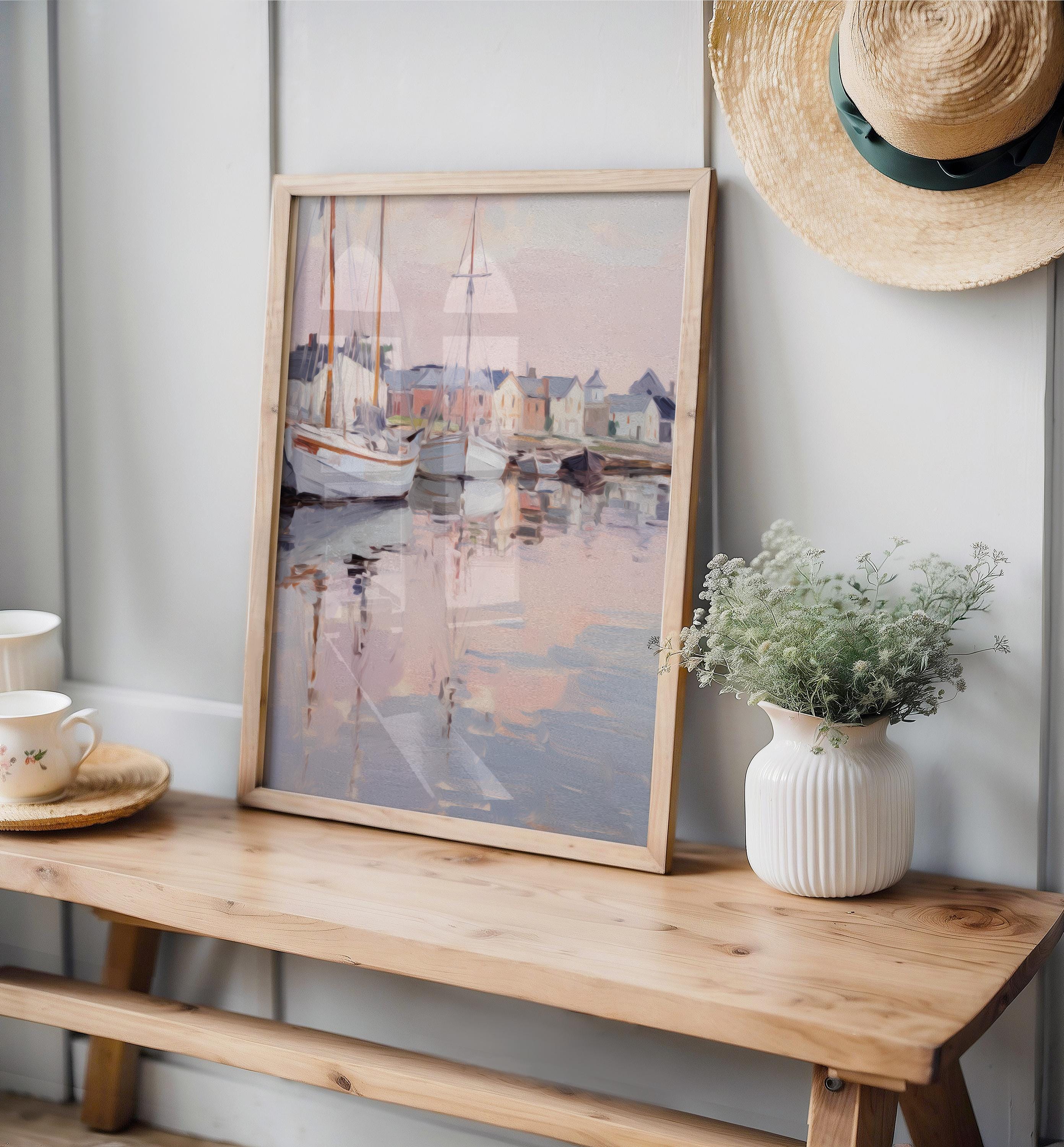 Vintage Boat Harbor Painting PRINTED Sailboat Art Print Sailboat ...