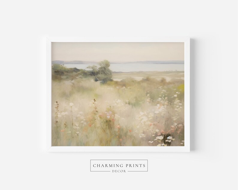 Vintage Spring Meadow PRINTED Painting Art Print. Vintage Field Country ...