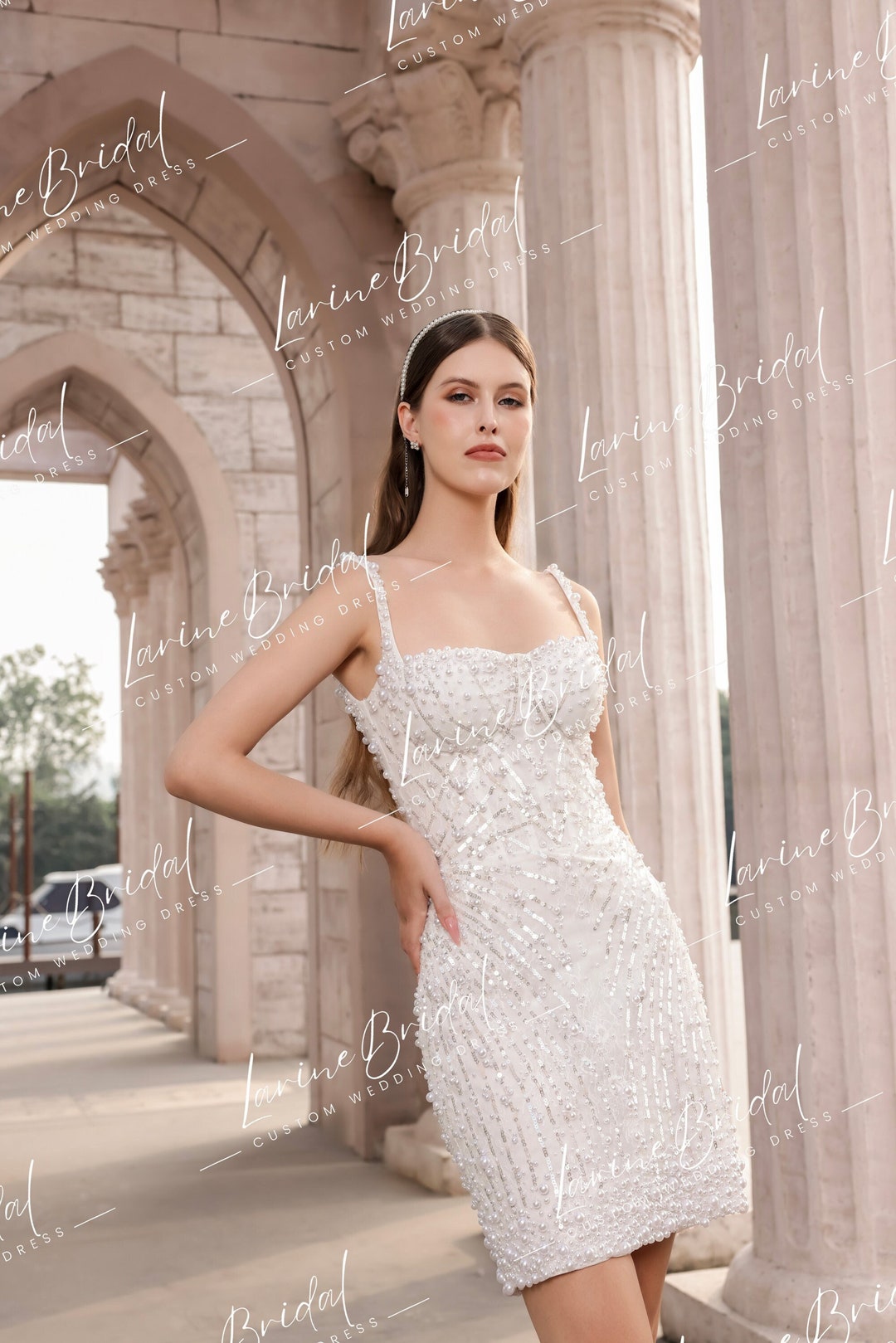 Sparkly Reception Mini Dress. Short Pearl Wedding Dress. Low-waisted ...