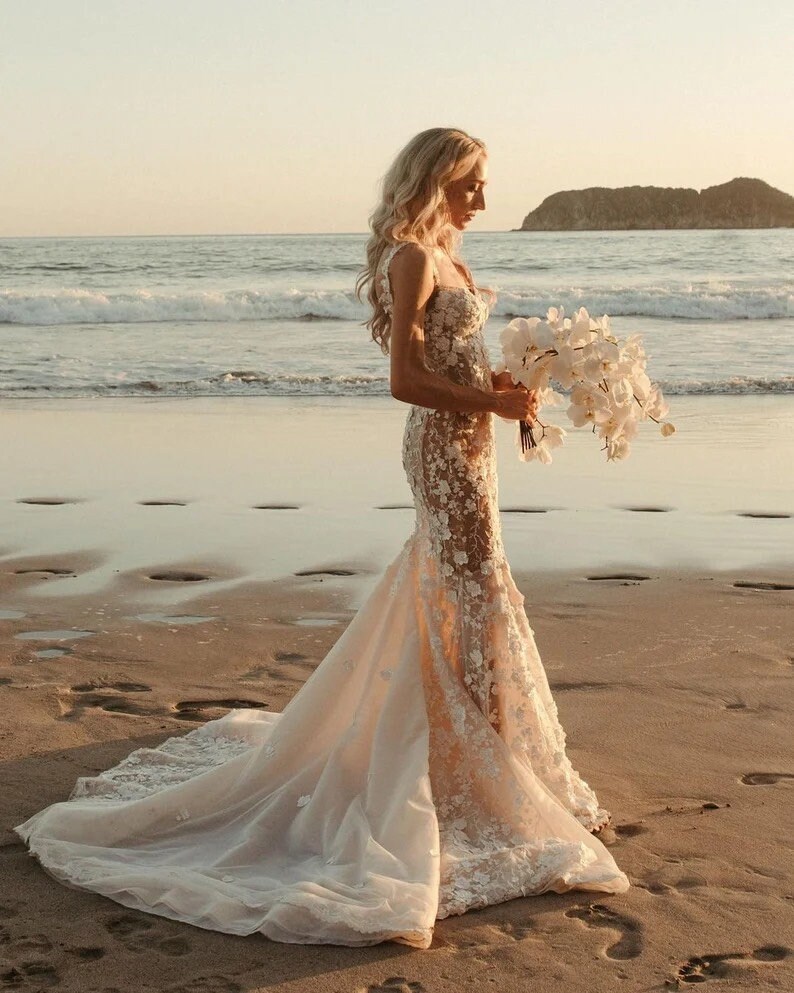 Off Shoulder Style Beach Wedding Dress Elegant and Unique - Etsy