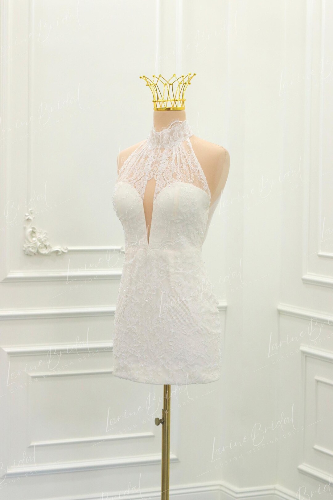 Unique High Neck Open Back Lace Short Wedding Dress. Elegant Bridal ...