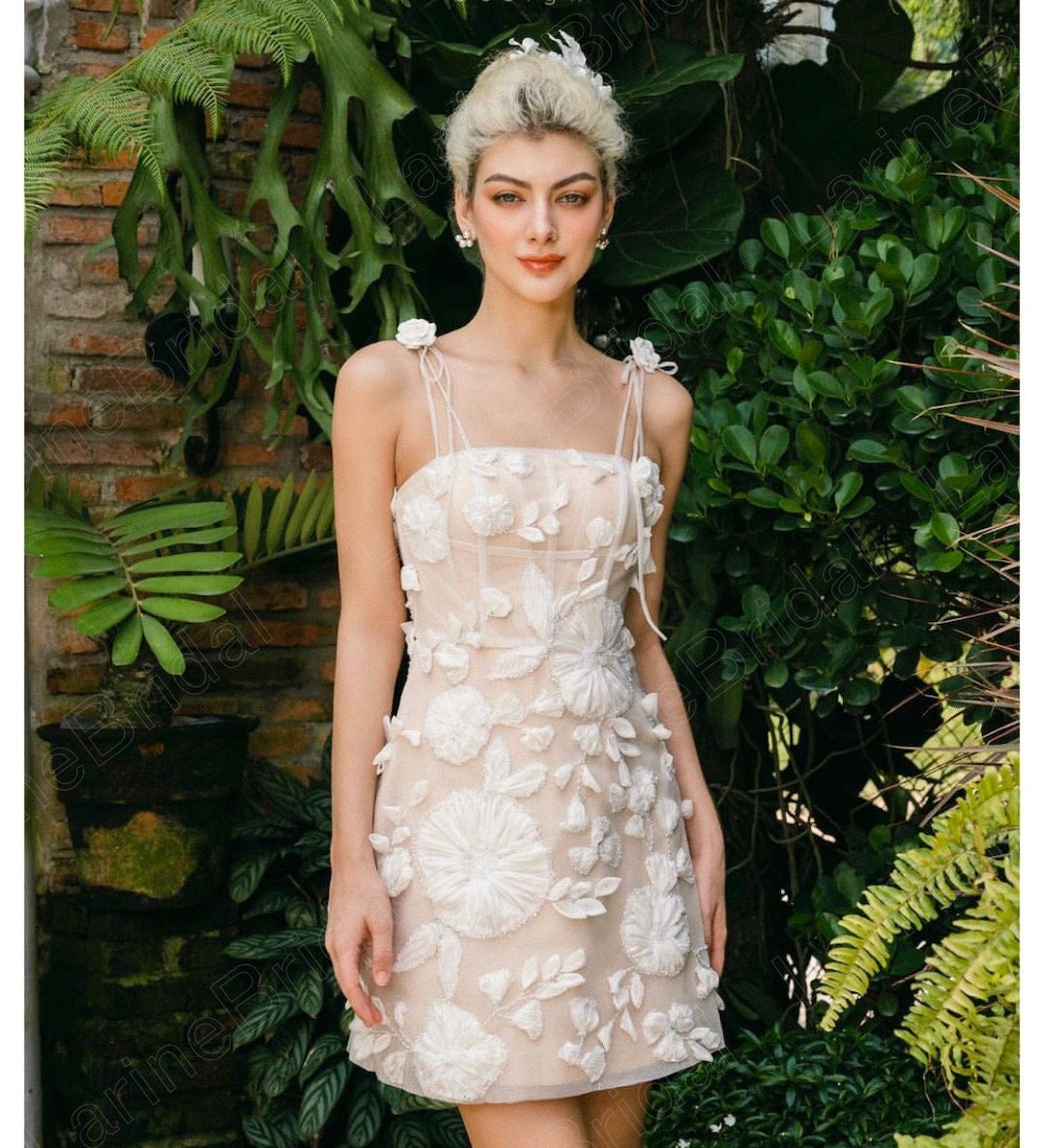 3D Floral Corset Short Wedding Dress. Mini Bridal Dress With Shoulder ...