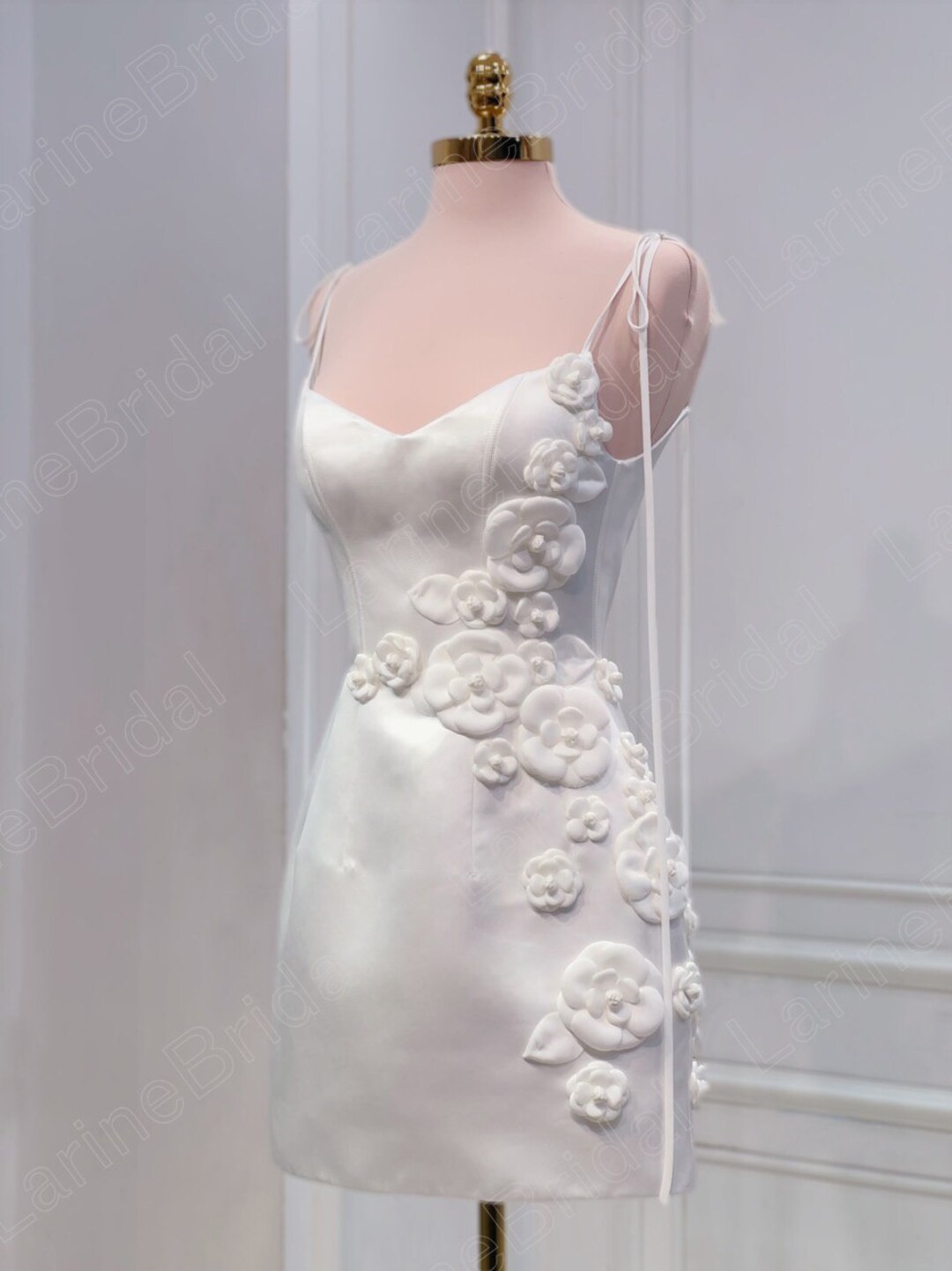 Short White Satin Wedding Dress With Striking 3D Flowers. Mini Bride ...
