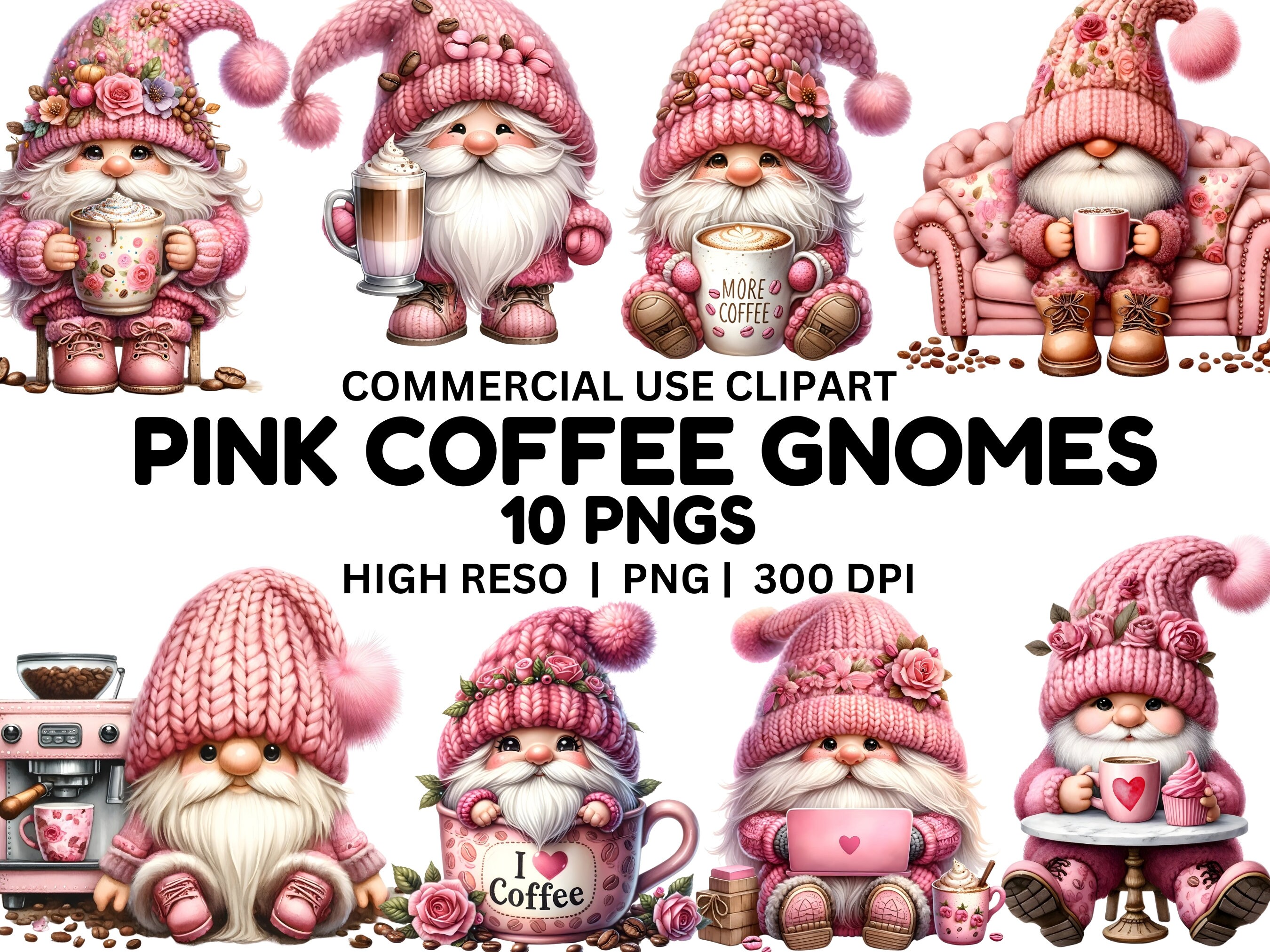 Pink Coffee Gnomes Clipart Pink Gnomes Coffee Clipart Watercolor Gnome ...