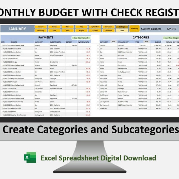 Excel Monthly Budget by Check - Etsy