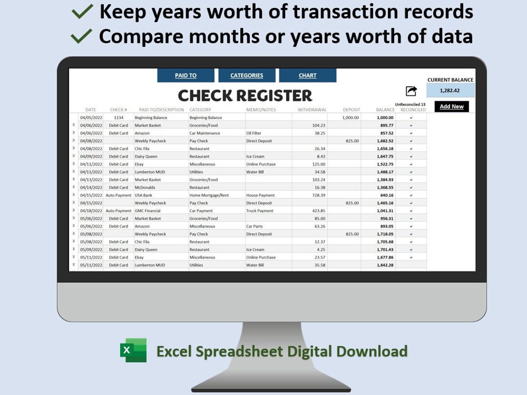 Check Register Excel Spreadsheet - Etsy