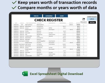 Checkbook Register With Monthly Summaries Excel Spreadsheet - Etsy