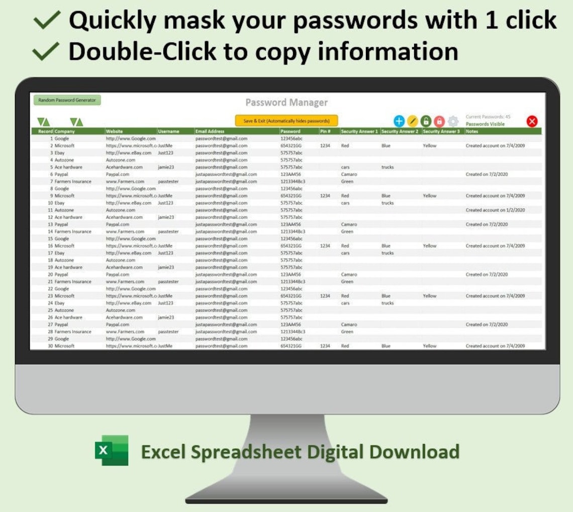 Password Manager Excel Template: Tracker & Keeper (digital Download) - Etsy