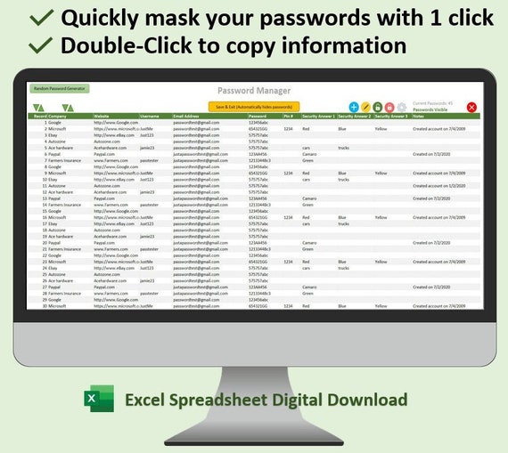 Password List Excel Template Password Tracker and Password - Etsy