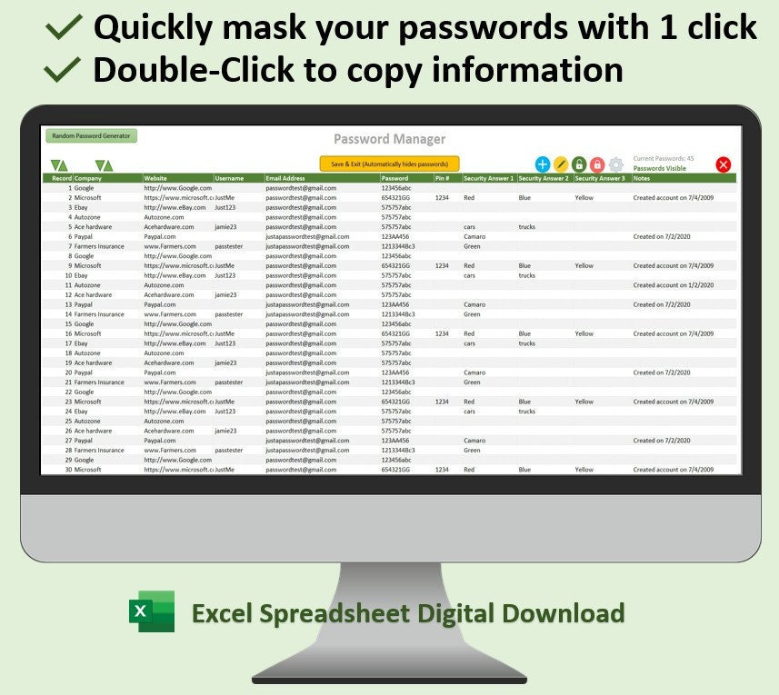 Password Manager Excel Template: Tracker & Keeper (digital Download) - Etsy