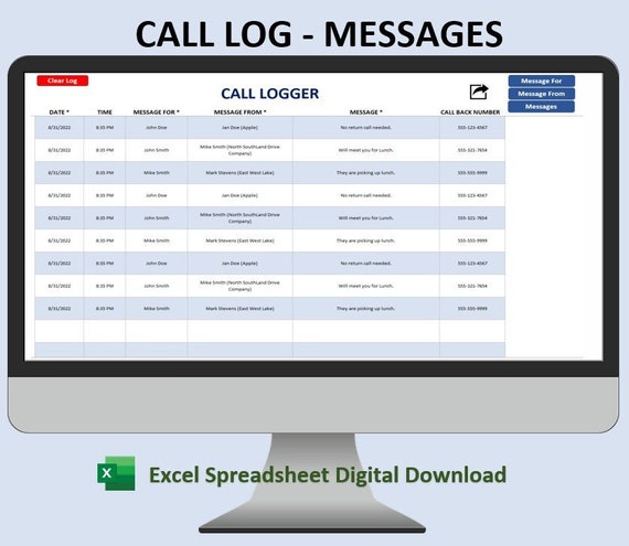 Call Log Printable Phone Call Message Excel Spreadsheet - Etsy