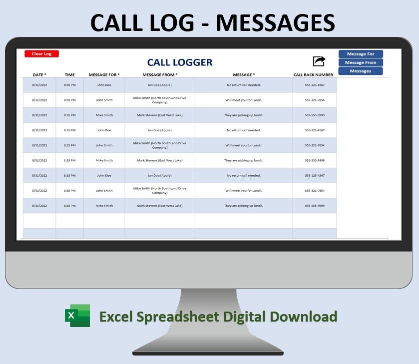 Call Log | Printable Phone Call Message | Excel Spreadsheet - Etsy Call Log | Printable Phone Call Message | Excel Spreadsheet - Etsy