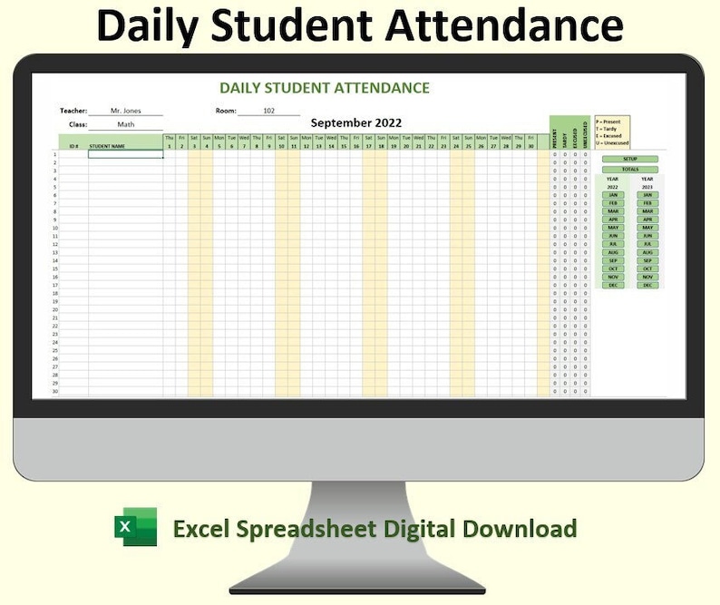 Student Attendance Excel Spreadsheet Template (digital Download) - Etsy
