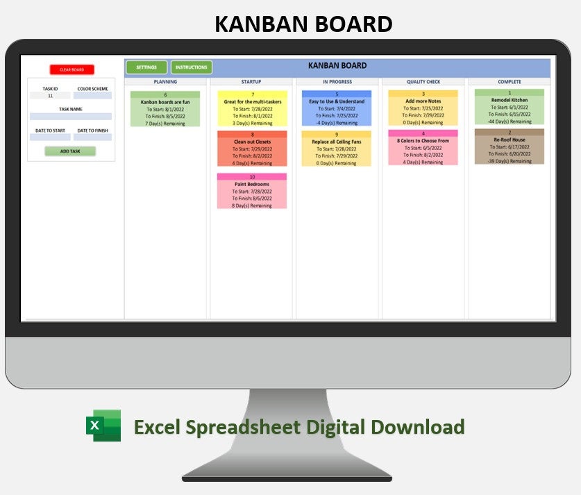 Kanban Board | Task Manager Excel Spreadsheet Template - Etsy