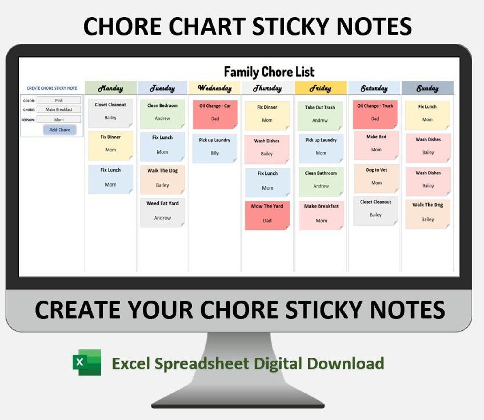 Chore Chart for Kids and Parents, Excel Spreadsheet Template - Etsy
