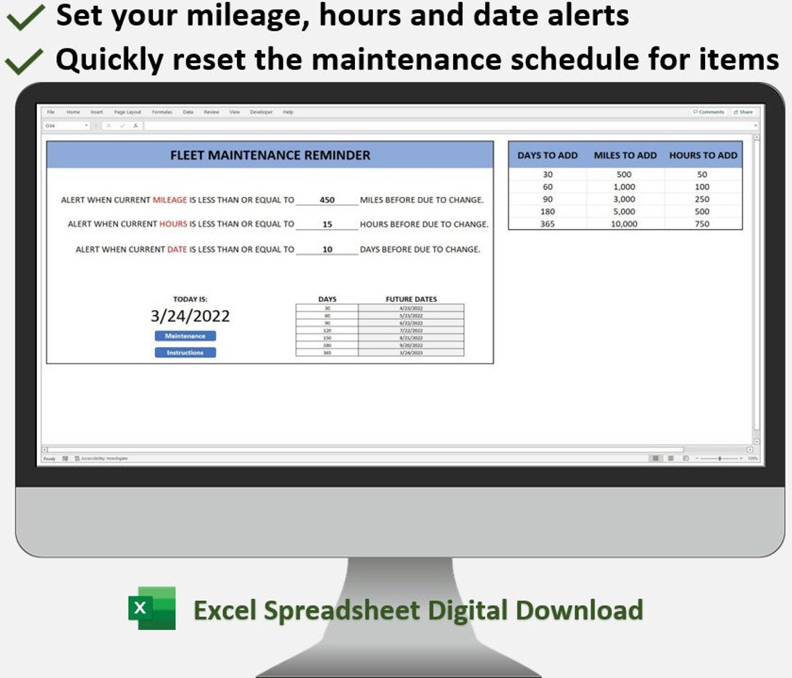 Vehicle Fleet Maintenance Tracker: Excel Spreadsheet (digital Download ...