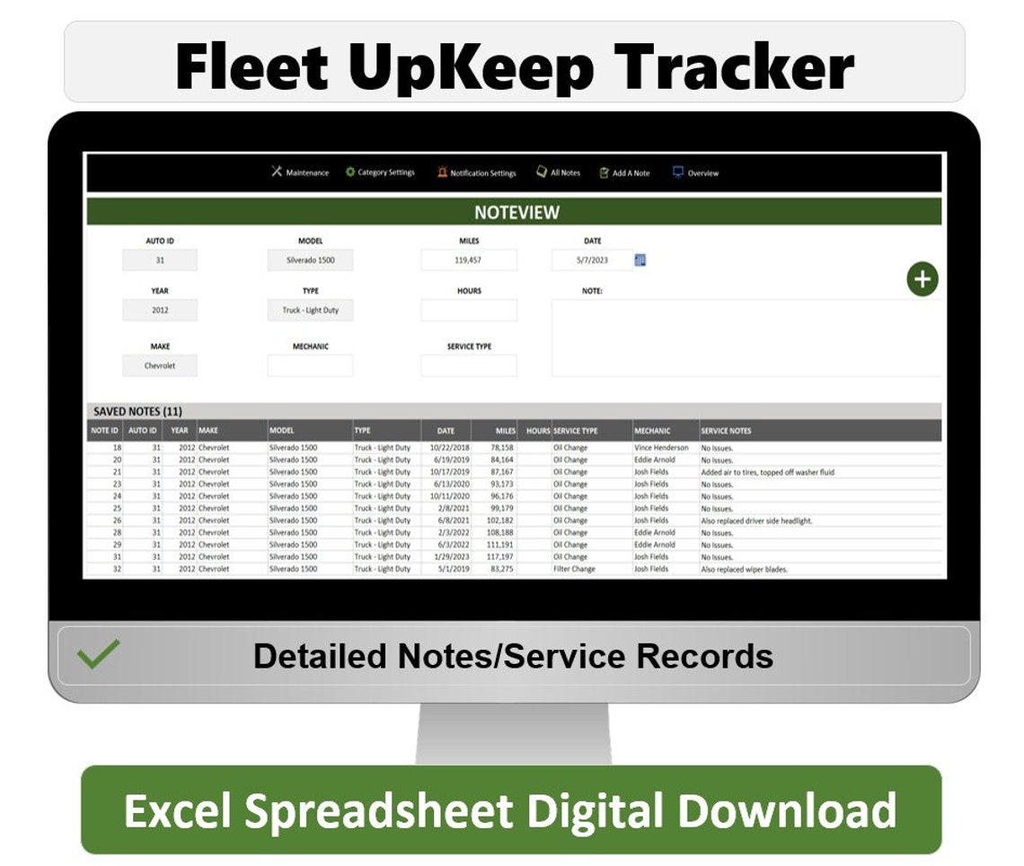Fleet Maintenance Tracker: Vehicle & Asset Management (excel) - Etsy