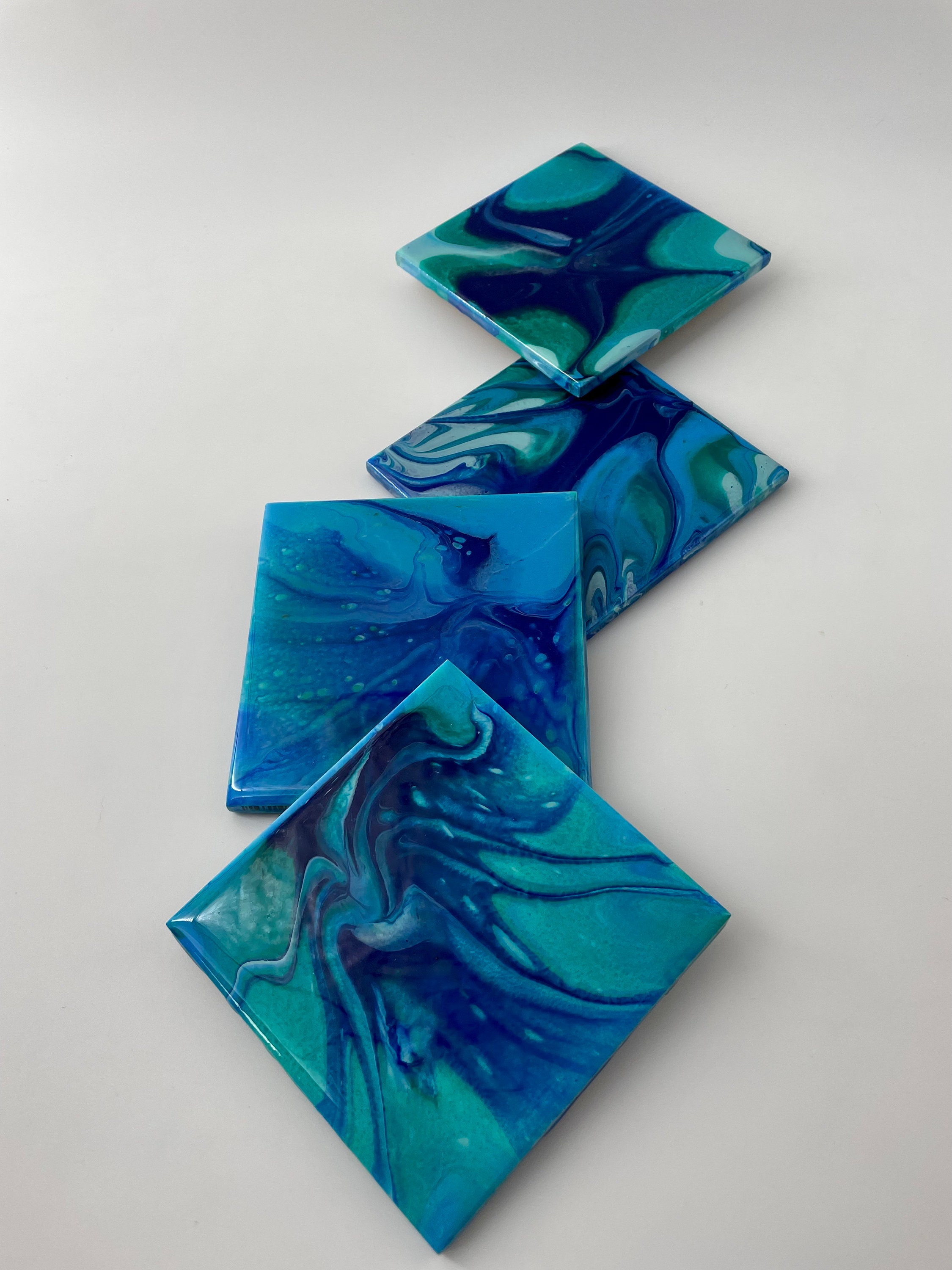 Set of 4 Hand Painted Ceramic Coasters - Resin Coated - Cork Backed - 4 ...