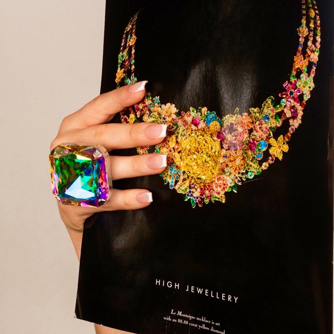 Giant Aurora Crystal Statement Ring, Premium 45mm Crystal & Silver ...